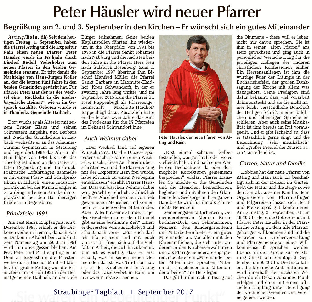 Peter Häusler wird neuer Pfarrer Straubinger Tagblatt 01.09.2017 ...