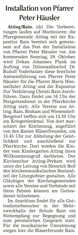 Installation von Pfarrer Peter Häusler 25. Oktober 2017 Straubinger ...